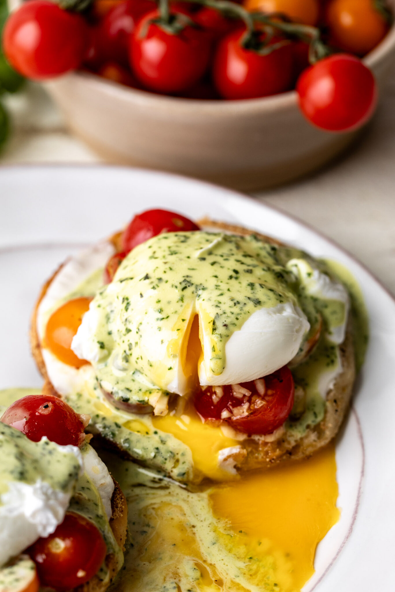 Caprese Eggs Benedict with Basil Hollandaise - Cooking with Cocktail Rings