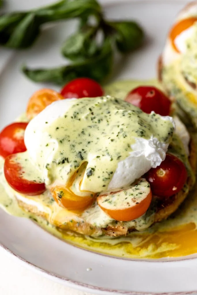 Caprese Eggs Benedict with Basil Hollandaise - Cooking with Cocktail Rings