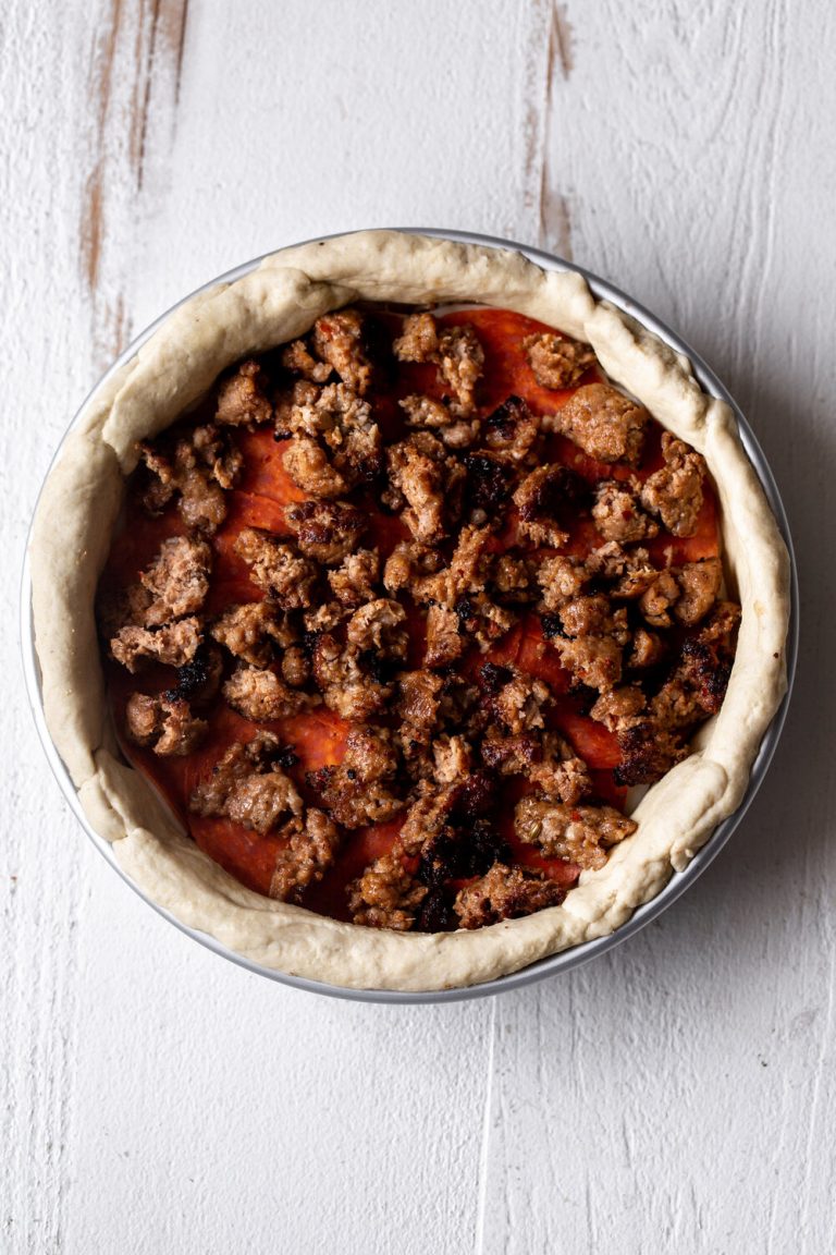 Chicago-Style Deep Dish Pizza with Sausage & Pepperoni - Cooking with ...