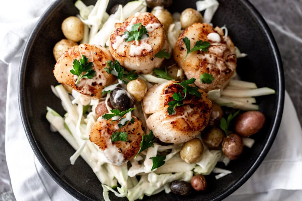 Seared Scallops with Green Apple Slaw and Potatoes