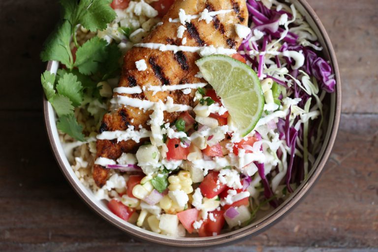 Fish Taco Rice Bowl with Jicama Salsa - Cooking with Cocktail Rings