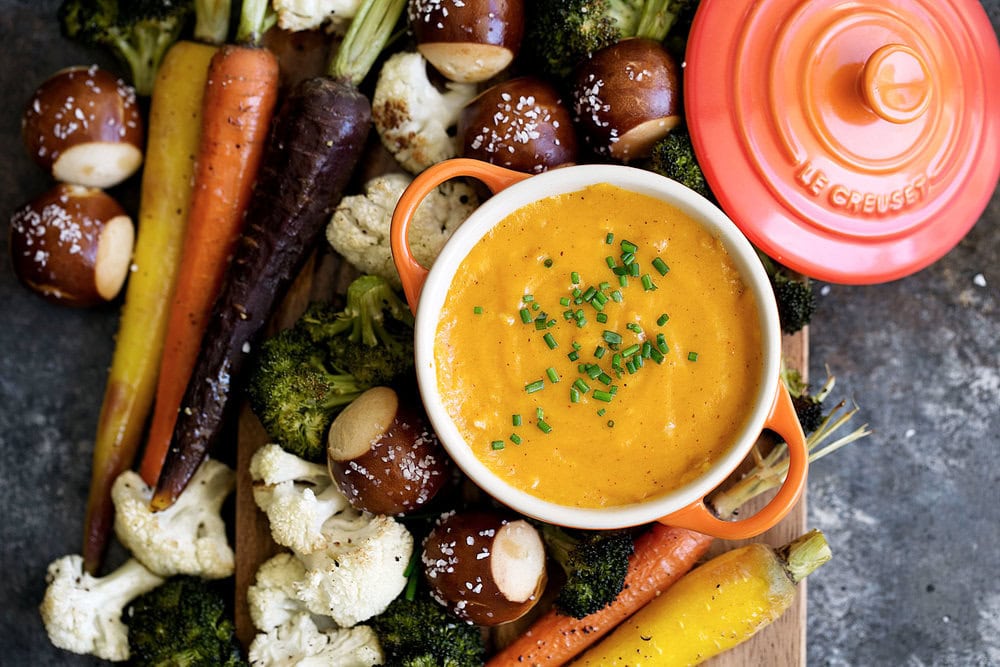Beer Cheese Fondue with Roasted Vegetables - Cooking with Cocktail Rings