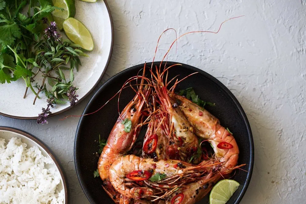 Spicy Glazed Spot Prawns Served Whole - Cooking with Cocktail Rings