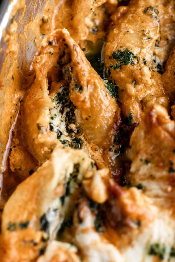 Baked Stuffed Shells in Vodka Sauce, Pesto Oil and Smoked Mozzarella