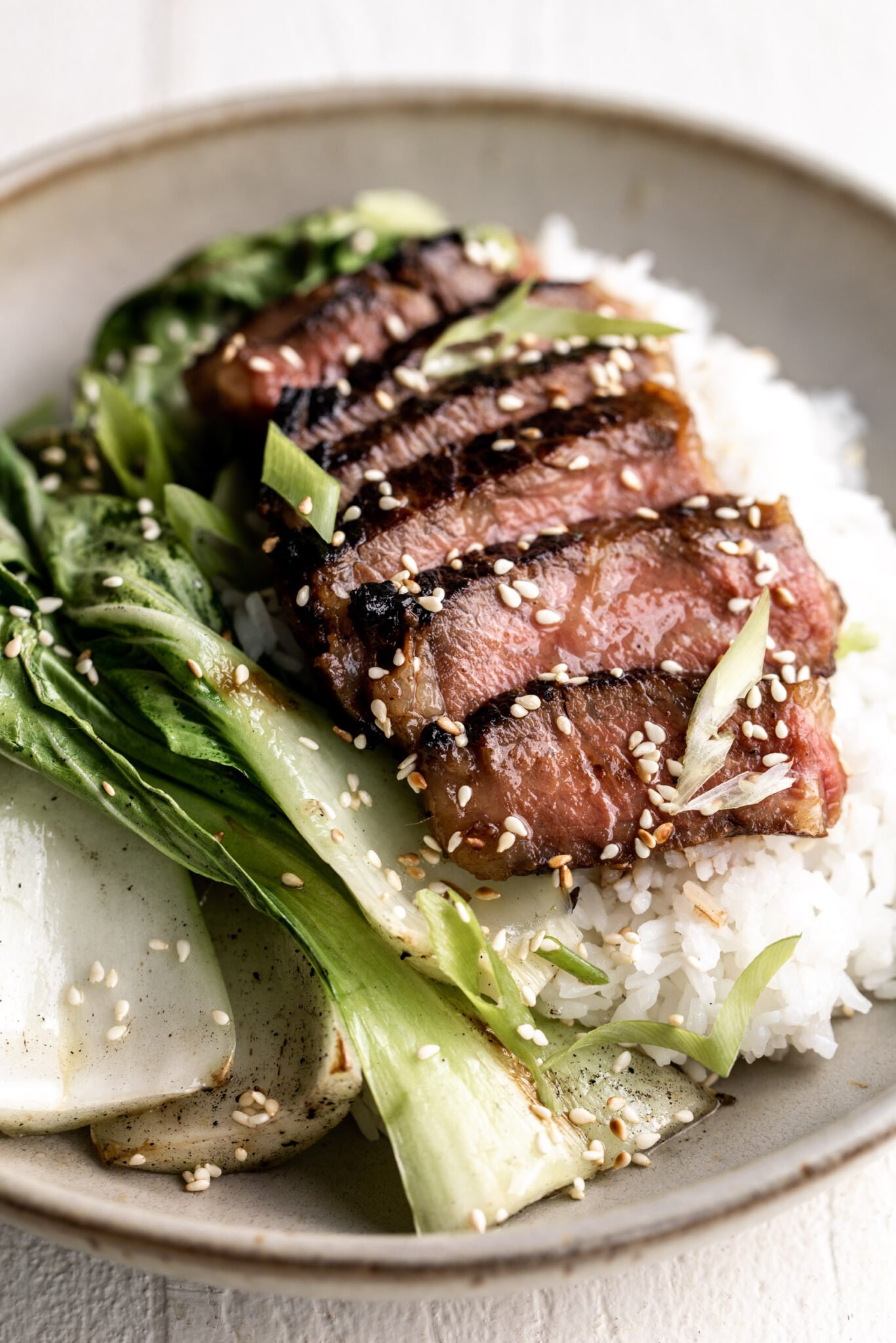 Miso Marinated Grilled Ribeye with Bok Choy and Rice