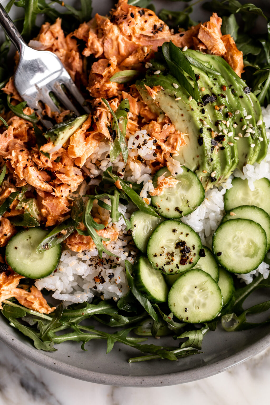 Spicy Salmon Salad Rice Bowls - Cooking with Cocktail Rings