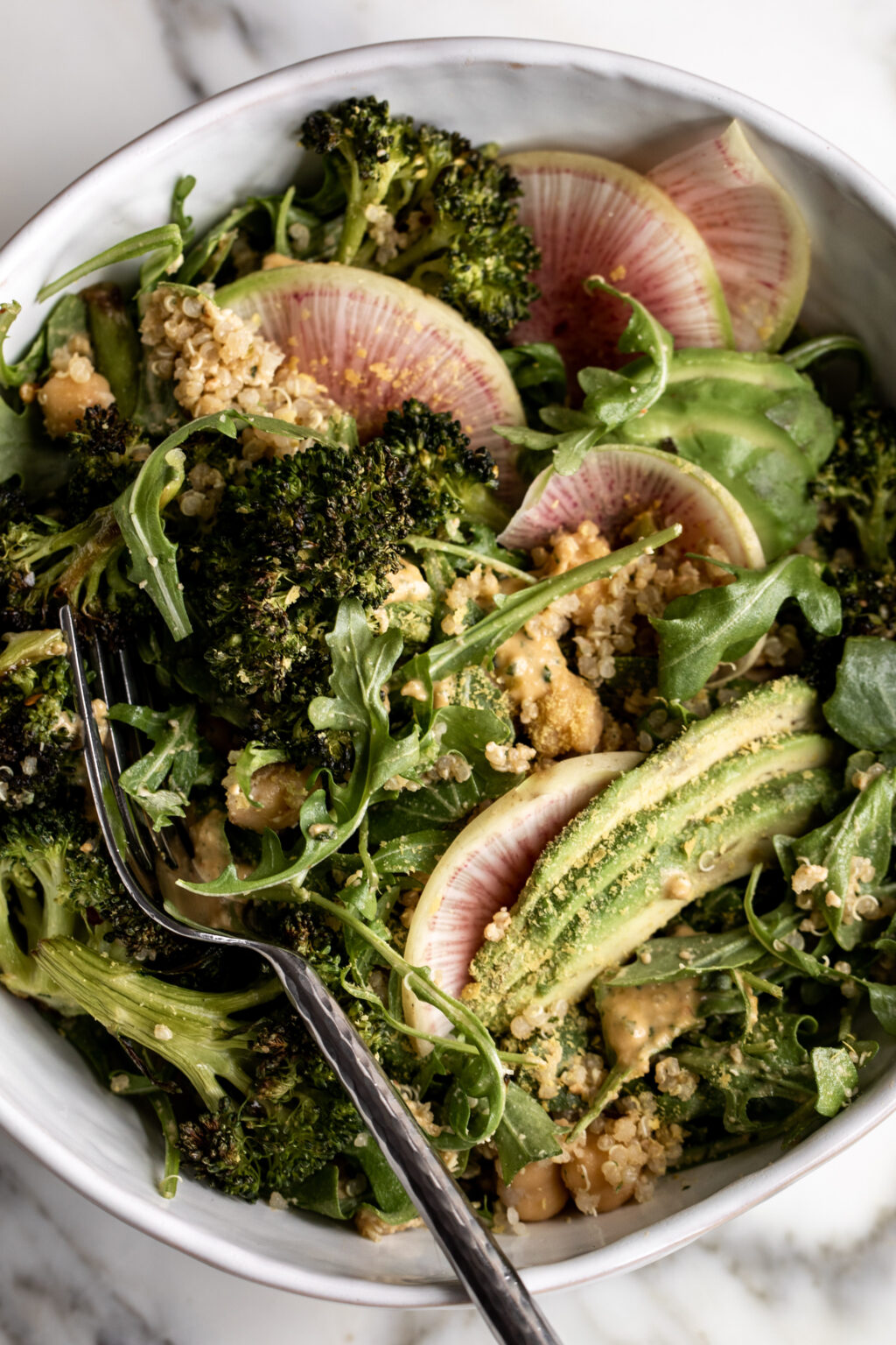Roasted Broccoli Grain Bowl with Arugula - Cooking with Cocktail Rings