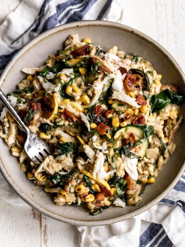 Summer Vegetable Risotto with Bacon and Crab - Cooking with Cocktail Rings