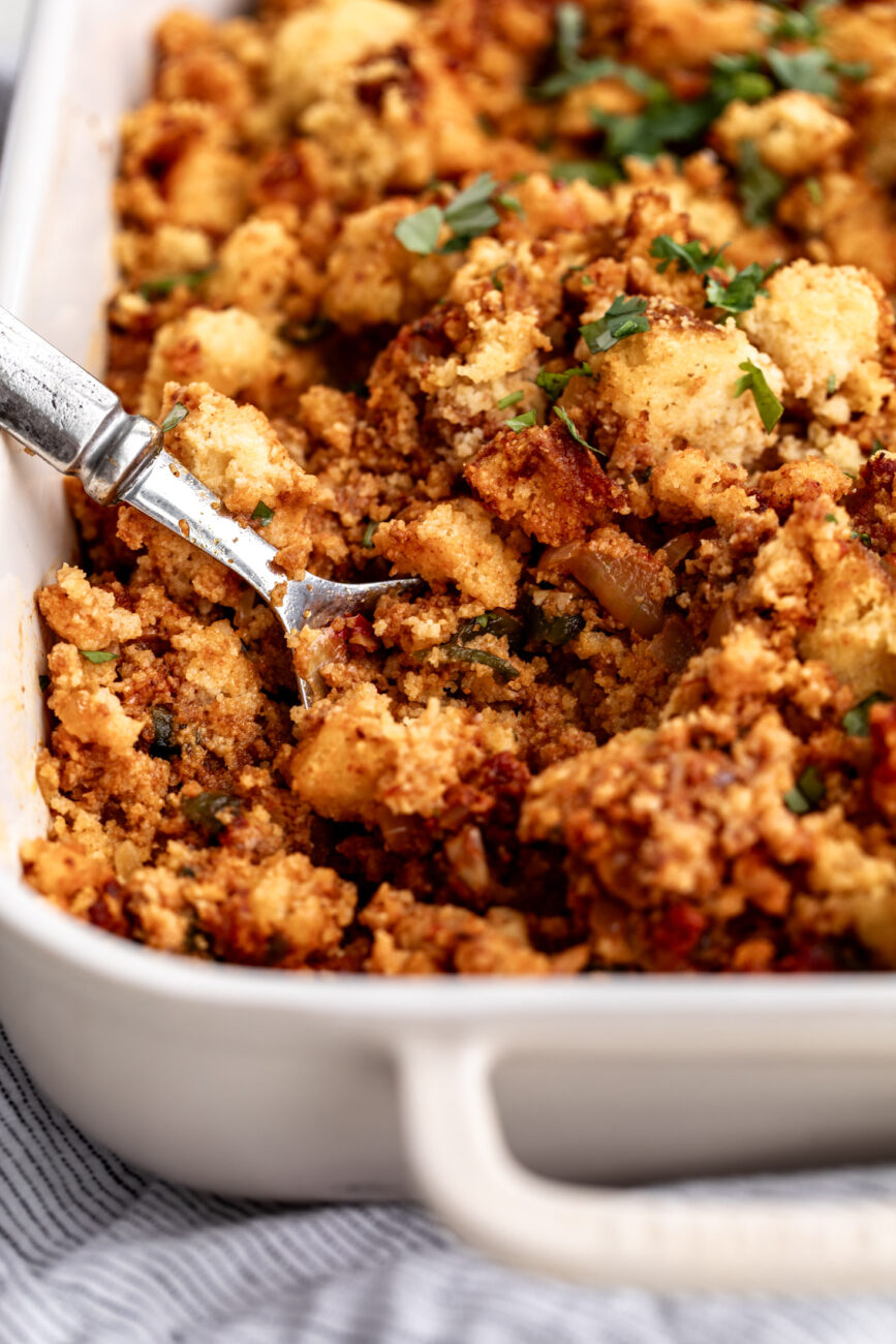 Chorizo Cornbread Stuffing - Cooking with Cocktail Rings