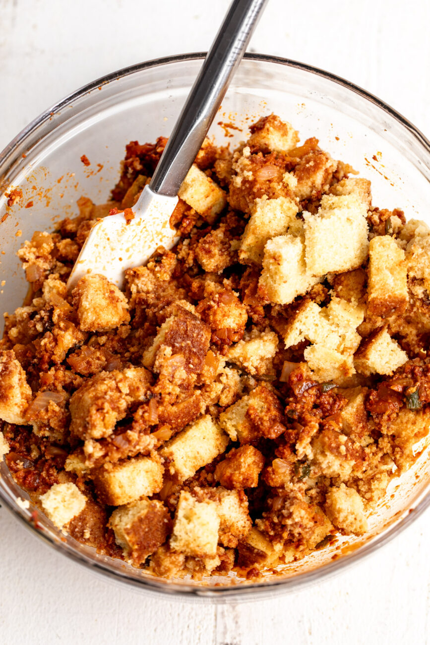 Chorizo Cornbread Stuffing - Cooking with Cocktail Rings